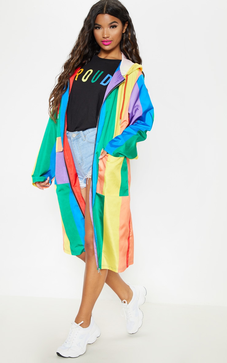 Multi Stripe Longline Rain Mac | PrettyLittleThing USA