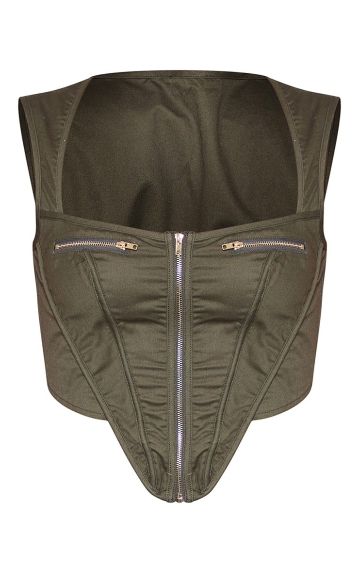 Khaki Cargo Zip Up Panel Detail Crop Top | PrettyLittleThing USA