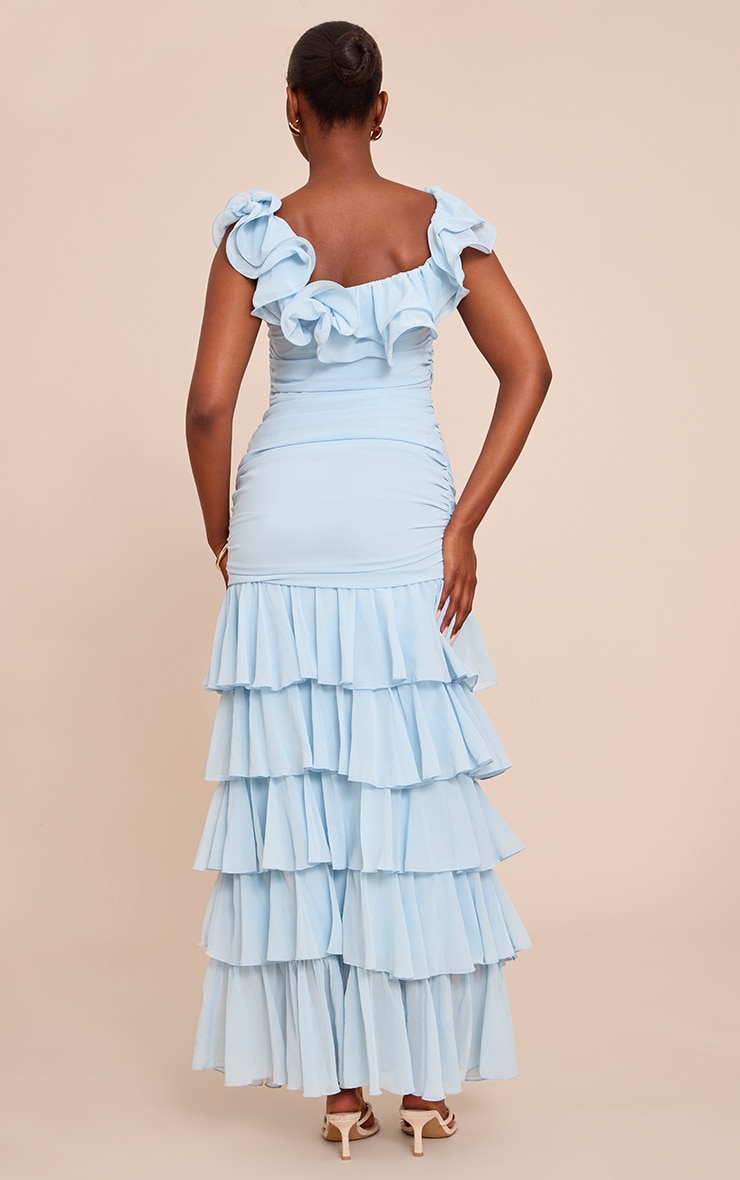 Light Blue Chiffon Ruched Ruffle Maxi Dress | Dresses | PLT