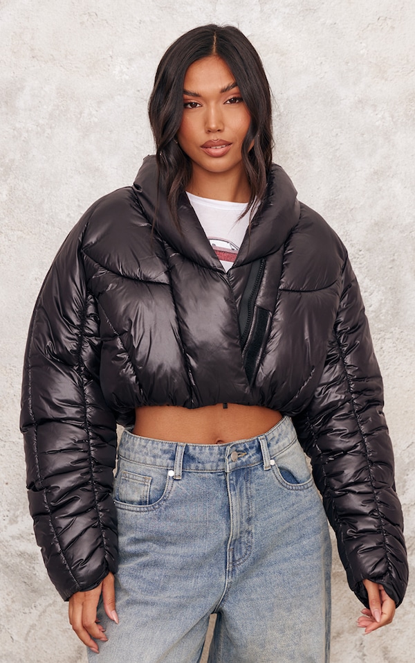 Black Cropped Oversized Collar Puffer Jacket | Outerwear ...