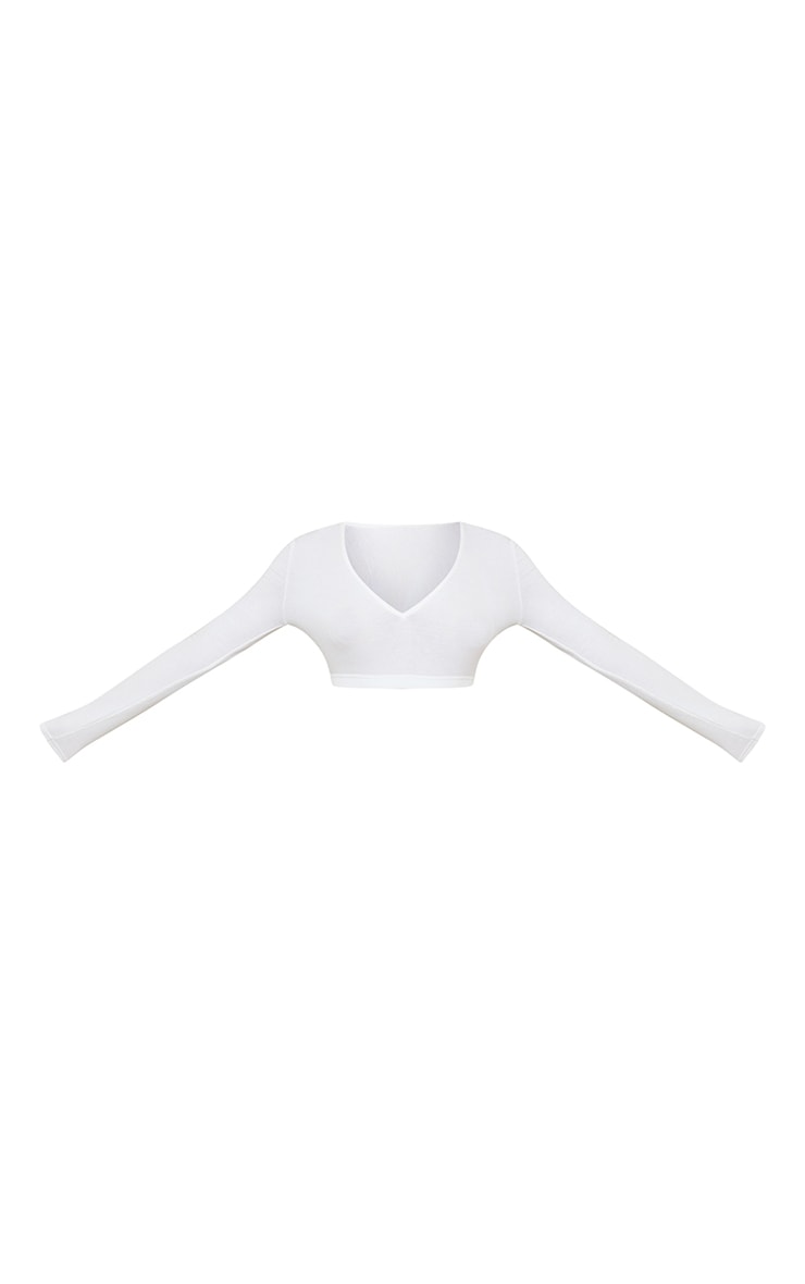 Cream Rib V Neck Long Sleeve Elastic Hem Crop Top | Tops | PLT