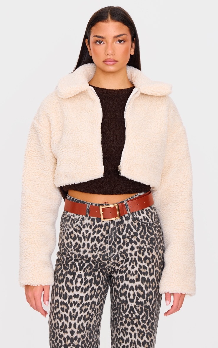 Cream Cropped Borg Zip Up Jacket | Outerwear | PLT