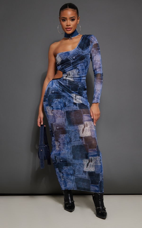 Blue Denim Patchwork One Shoulder Cut Out Dress | PrettyLittleThing USA