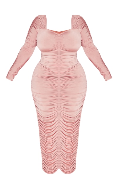 Plus Rose Long Sleeve Extreme Ruched Midaxi Dress | Plus Size ...