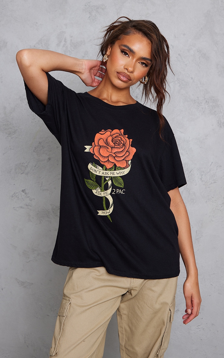 Black Tupac Print T Shirt | Tops | PrettyLittleThing USA