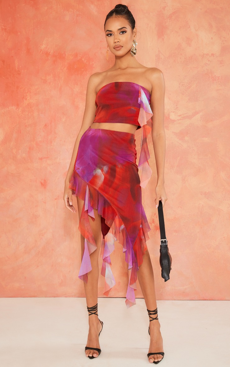 Pink Print Mesh Ruffle Asymmetric Hem Mini Skirt | Co-ords ...