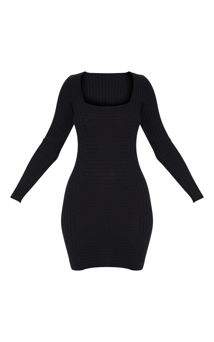 Black Ribbed Panel Detail Knitted Dress | PrettyLittleThing