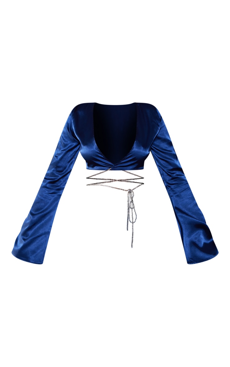 Top cache-coeur satiné bleu marine manches évasées lanières ...