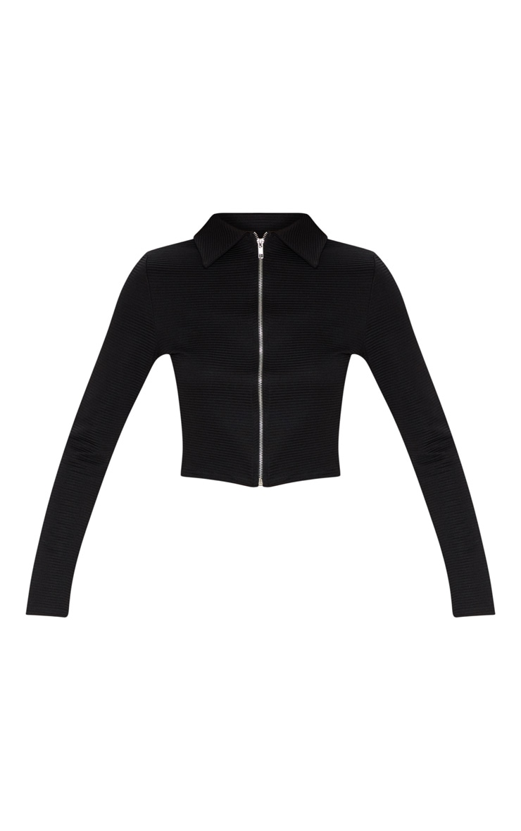 Black Rib Zip Up Long Sleeve Polo Top | Tops | PLT