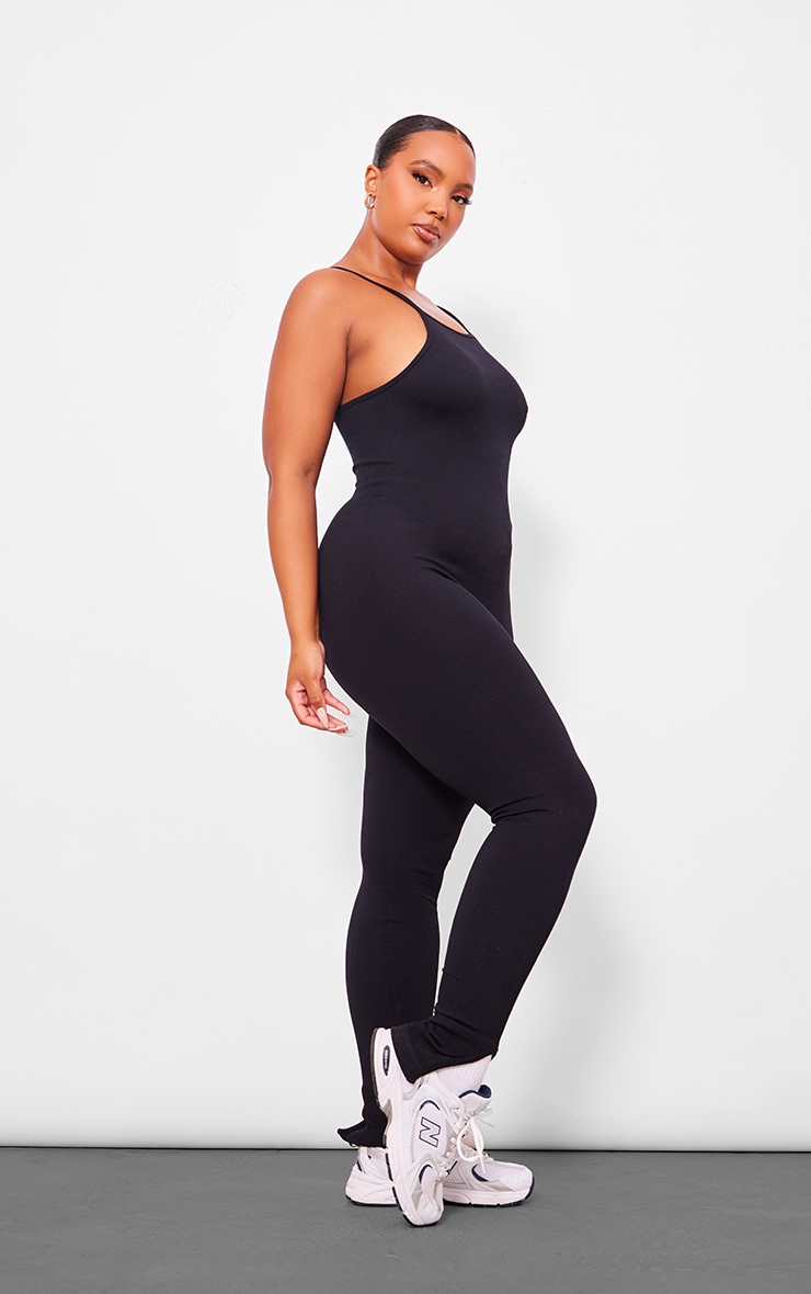Plus Black Snatched Rib Strappy Racer Neck Jumpsuit | PrettyLittleThing USA