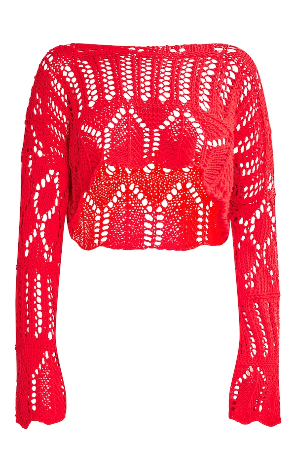 Red Open Crochet Knit Slouchy Flare Sleeve Sweater | Knitwear ...