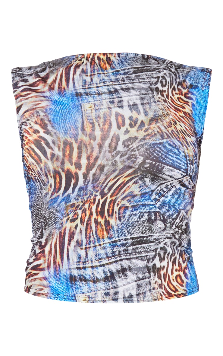 Blue Leopard Denim Open Back Longline Top | PrettyLittleThing USA