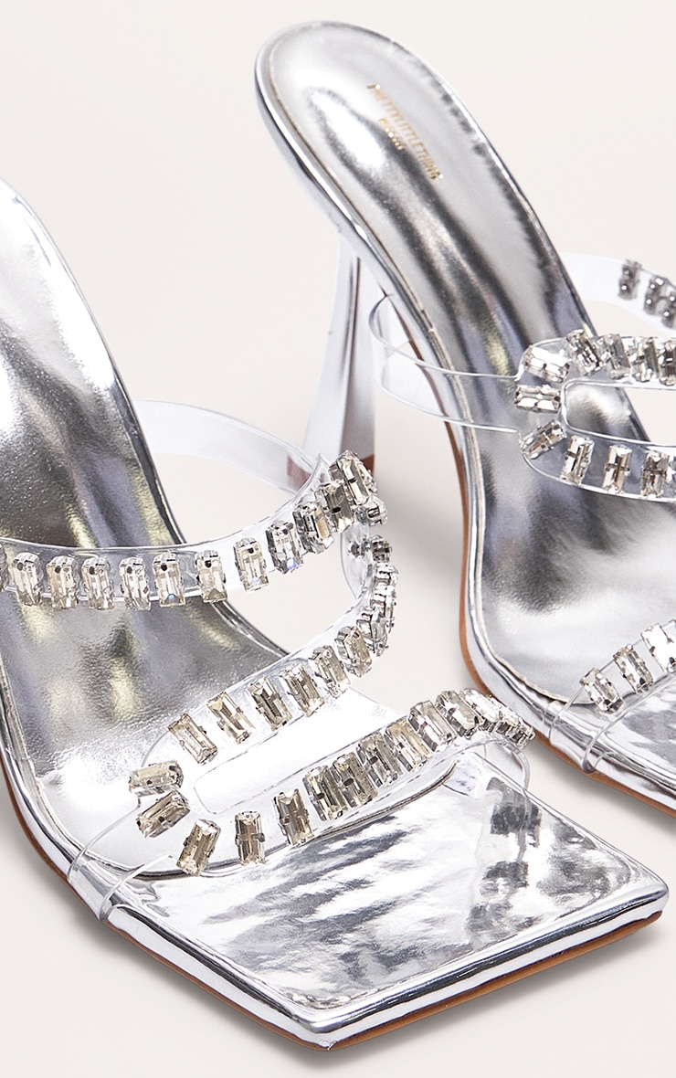 Silver Wide Fit Metallic Diamante Strap Heel Mules | Footwear | PLT