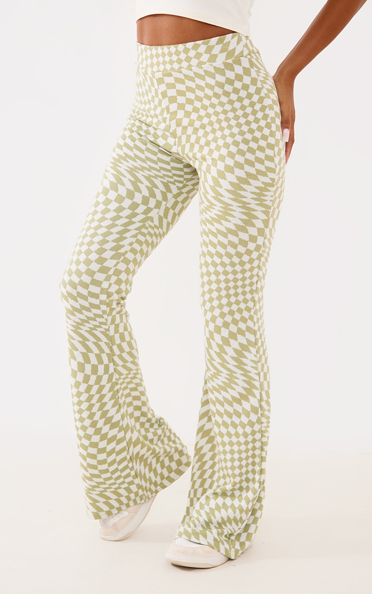 Sage Green Green Jacquard Checkerboard Flares | PrettyLittleThing CA