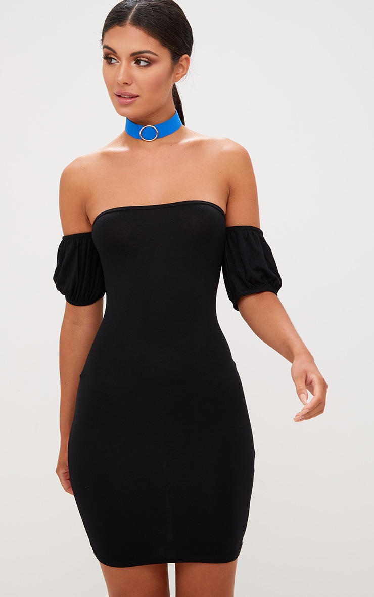 Black Puff Sleeve Bardot Bodycon Dress. Dresses | PrettyLittleThing