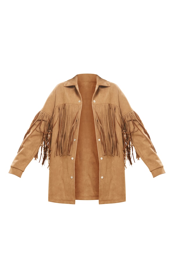 Camel Faux Suede Fringe Shacket | Outerwear | PLT
