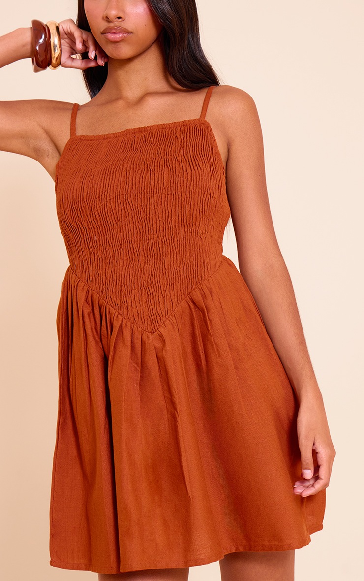 Petite Rust Spaghetti Strap Shirred Bodice Shift Dress | Petite | PLT