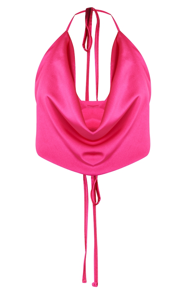 Hot Pink Satin Halter Neck Bralet Cowl Crop Top | PrettyLittleThing