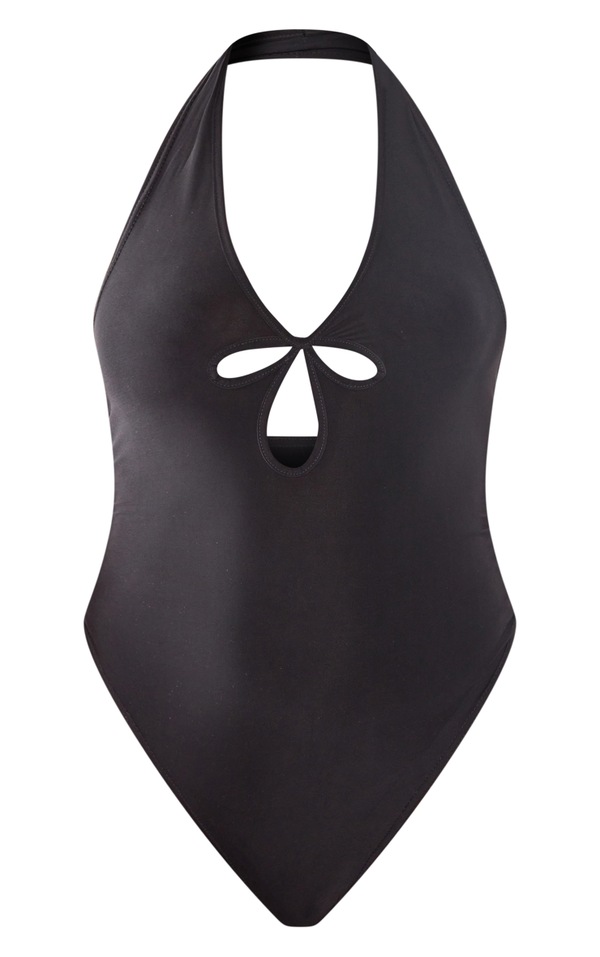 Black Slinky Halterneck Cut Out Bodysuit Prettylittlething Usa