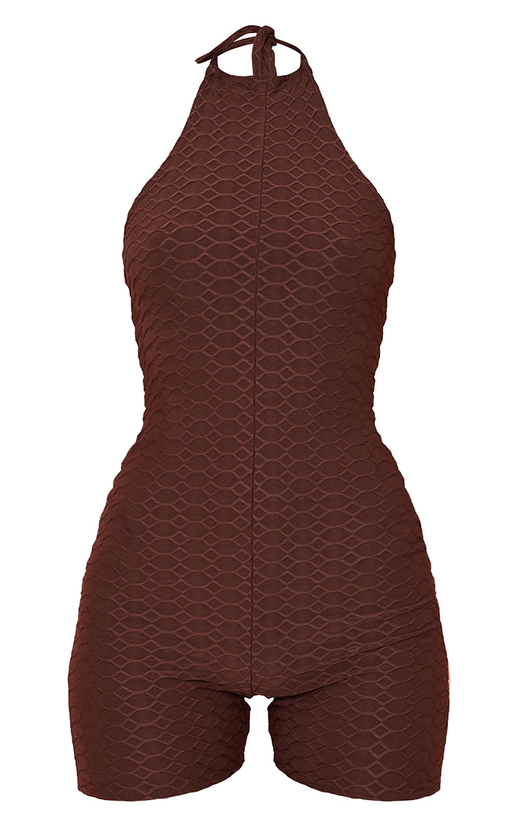 Chocolate Textured Halterneck Unitard | PrettyLittleThing USA