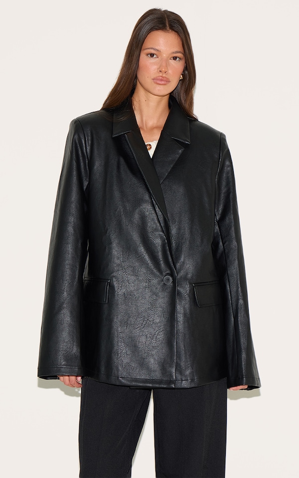 Black Distressed Faux Leather Blazer | Outerwear | PLT