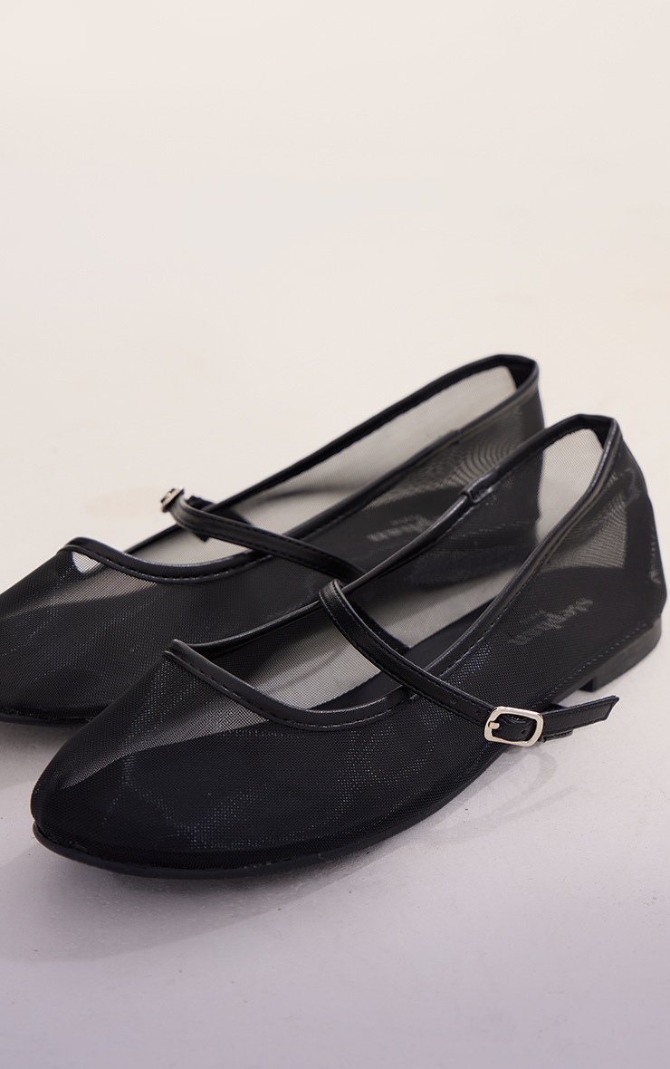 Black Round Toe Mesh Buckle Ballet Pumps | Footwear | PLT