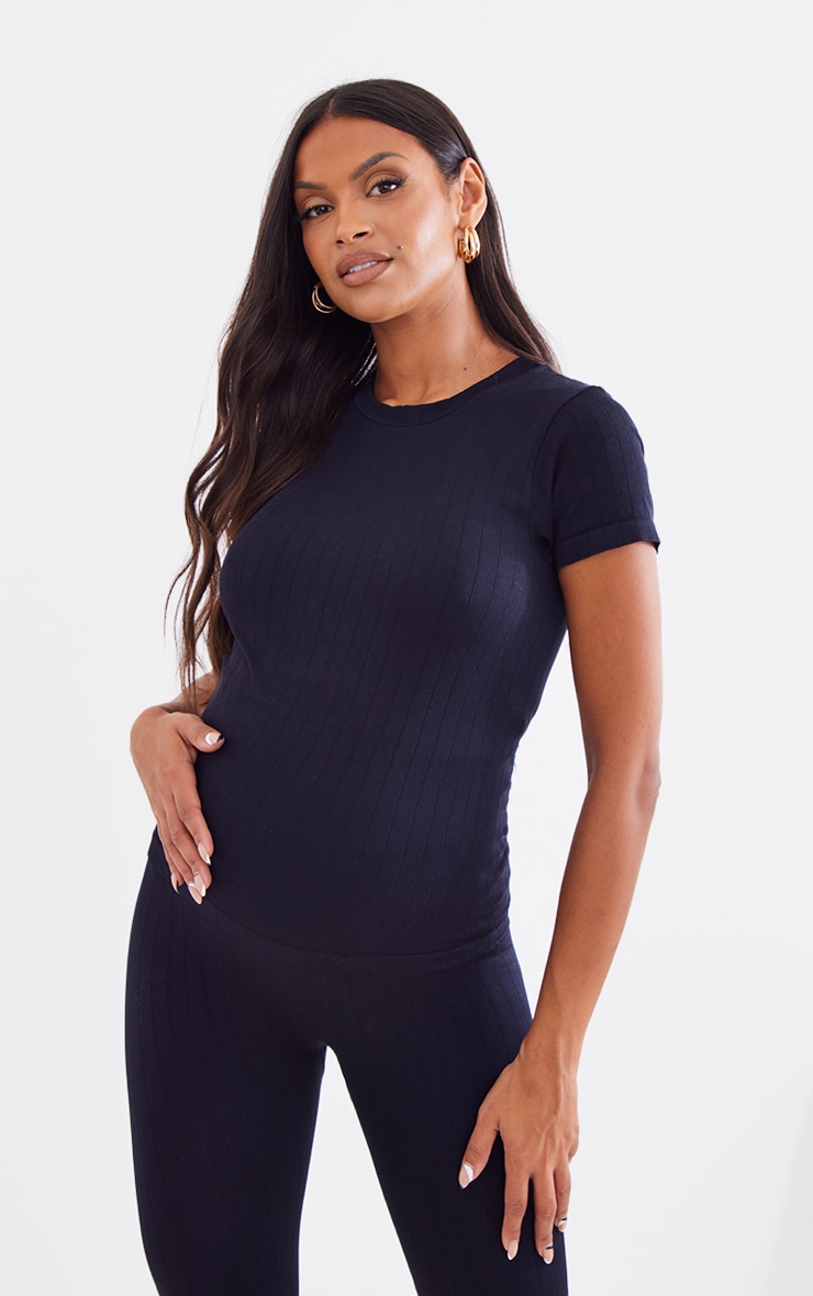 Maternity Black Ribbed Short Sleeve Crop Top | PrettyLittleThing UAE