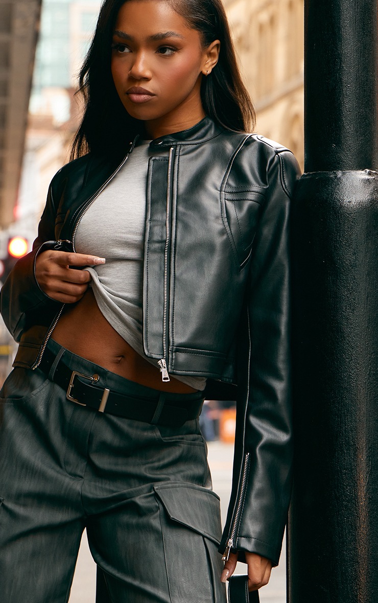 Black Faux Leather Cropped Biker Jacket | PrettyLittleThing