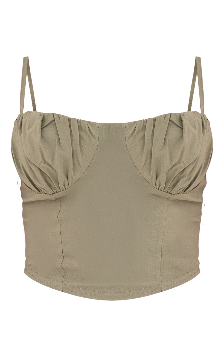 Olive Bengaline Stretch Woven Ruched Bust Crop Top | PrettyLittleThing