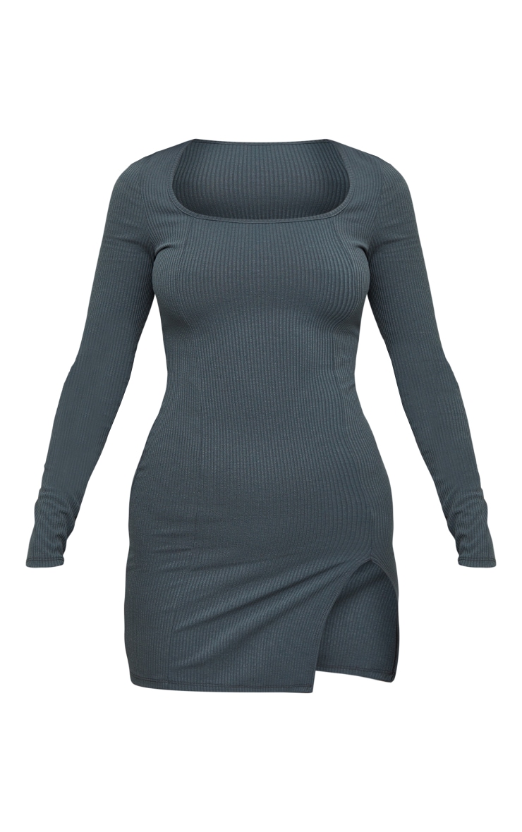 Charcoal Rib Square Neck Long Sleeve Bodycon Dress Dresses Plt Qa