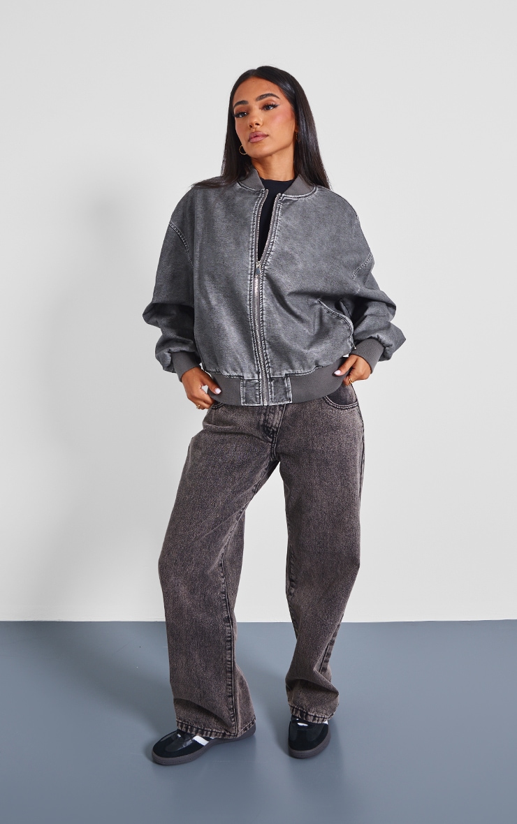 Petite Washed Grey Distressed PU Bomber Jacket | Petite ...