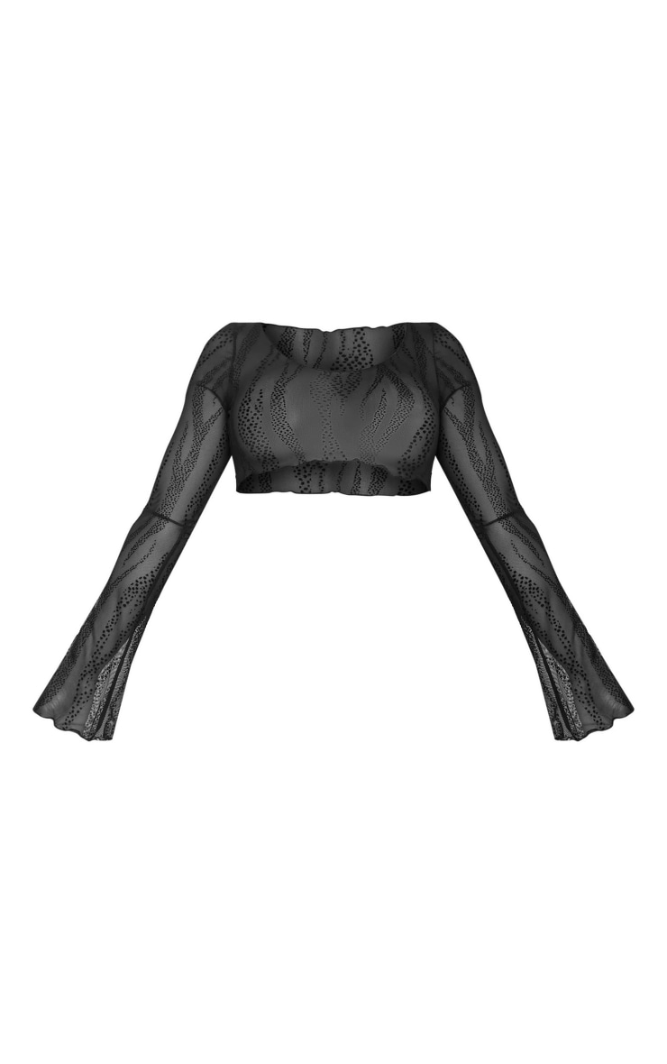 Shape Black Flocked Long Flare Sleeve Crop Top | PrettyLittleThing USA