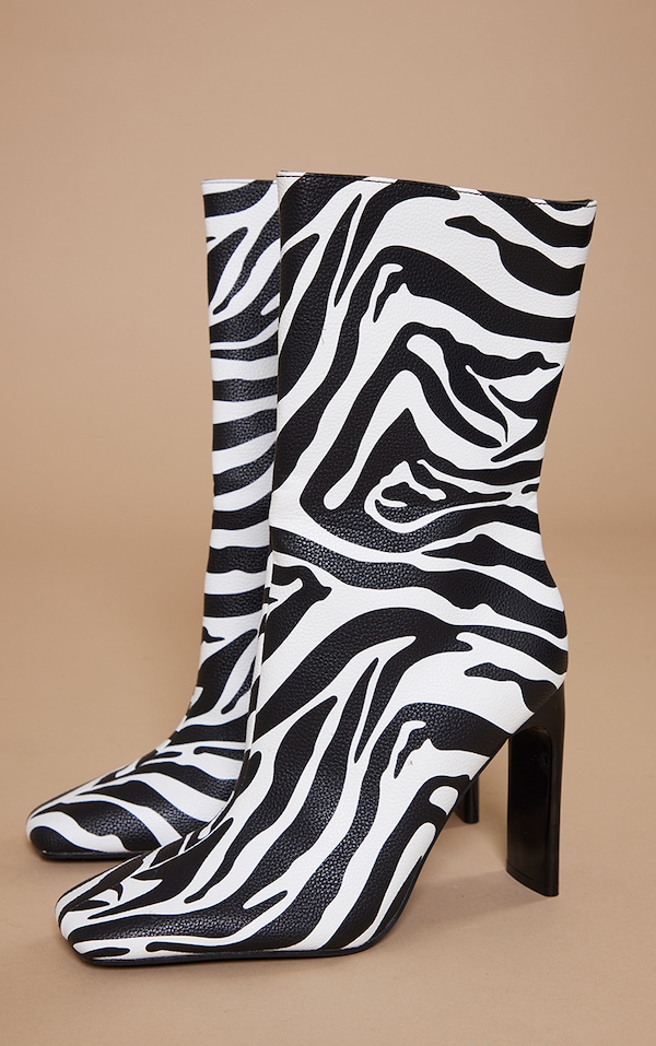Zebra PU Square Toe Flat Heeled Ankle Boots | Footwear | PLT