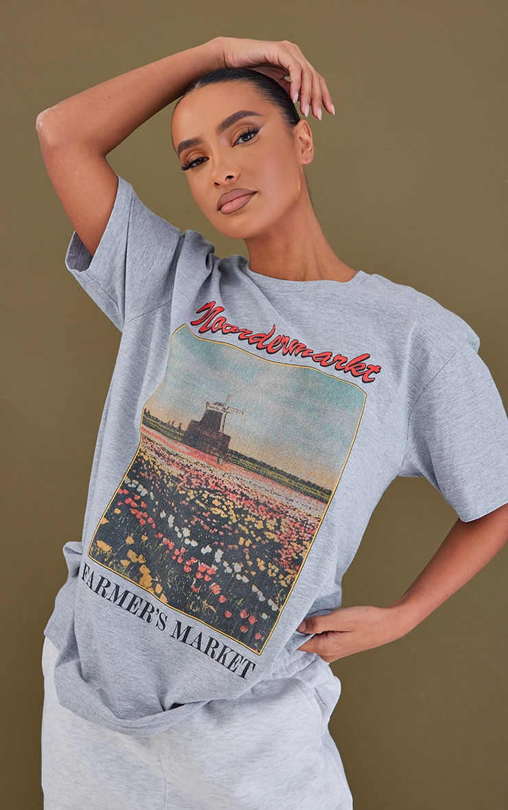 Grey Marl Flowermarket Print T Shirt | Tops | PLT IRE