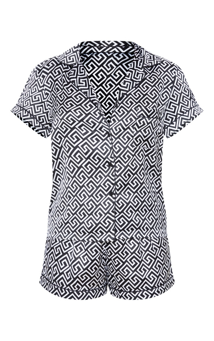 Black Short Greek Key Hole Satin Pyjama Set | PrettyLittleThing