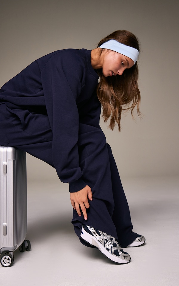 Navy Embroidered Interlock Wide Leg Track Pant | Athleisure | PLT AUS