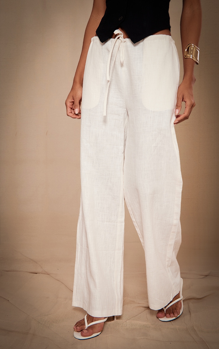 Premium White Linen Drawstring Straight Leg Pants | Bottoms ...