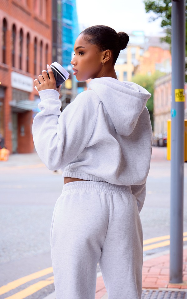 PLT Grey Marl Embroidered Cinched Waist Crop Hoodie | Sweat | PrettyLittleThing