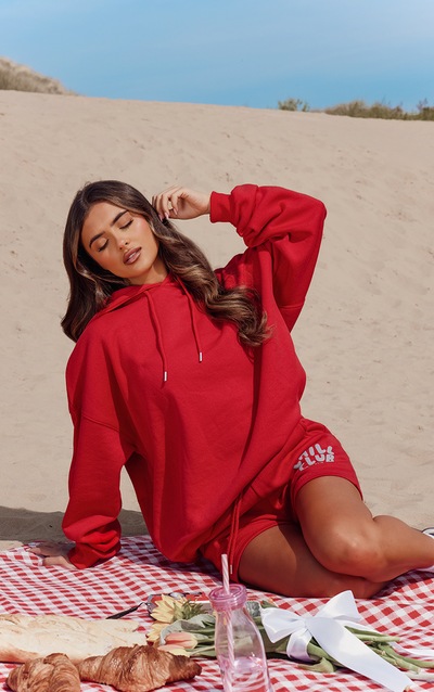 Ruby Red Chill Club Puff Print Oversized Hoodie | PrettyLittleThing
