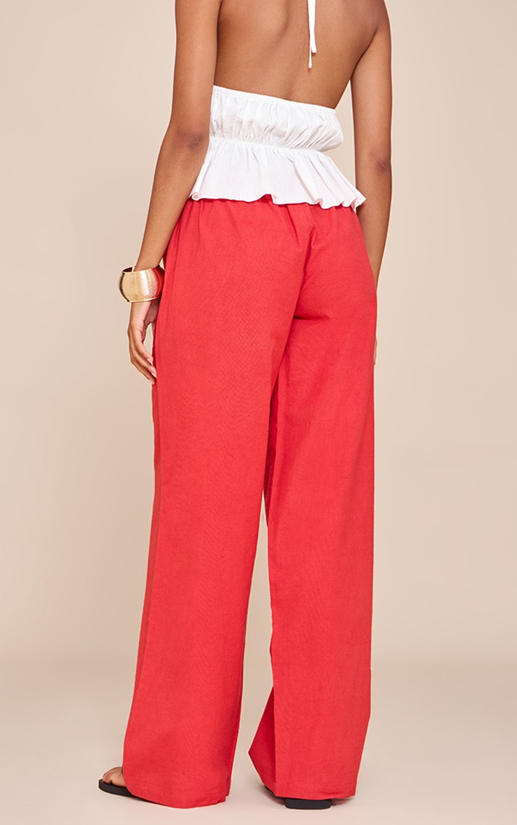 Tomato Red Linen Drawstring Waist Pants | Bottoms | PrettyLittleThing USA