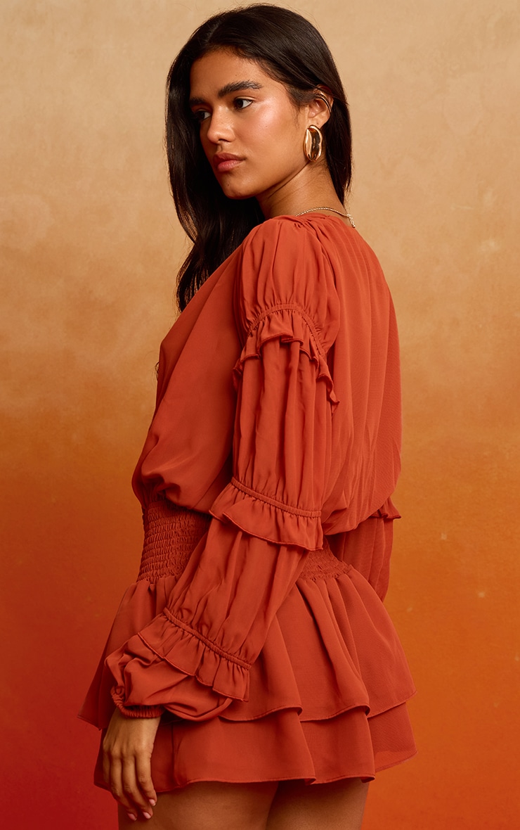 Rust Chiffon Ruched Ruffle Mini Dress | Dresses | PLT