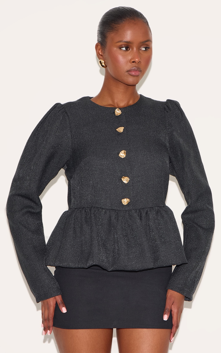 Black Button Up Peplum Balloon Sleeve Jacket | Outerwear | PLT