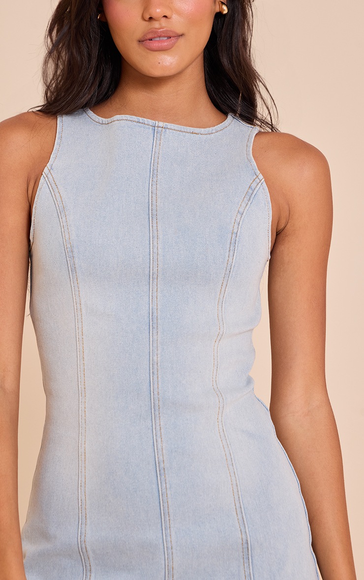 Light Blue Racer Neck Denim Mini Dress | Denim | PLT