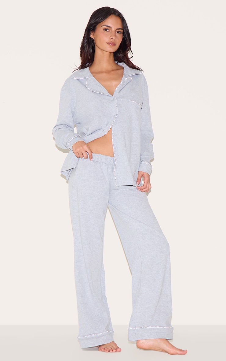 PRETTYLITTLETHING Grey Piping Jersey Long PJ Set | Lingerie & Nightwear ...