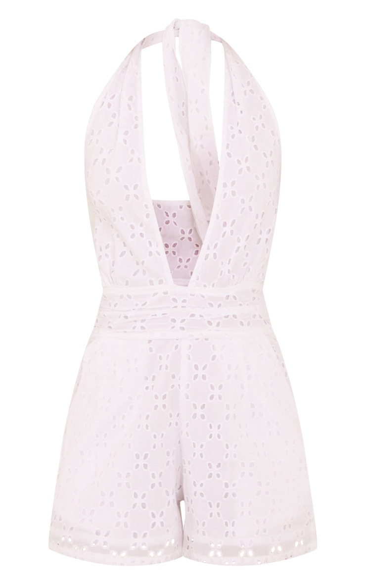 White Broderie Anglaise Plunge Halter Playsuit | PrettyLittleThing