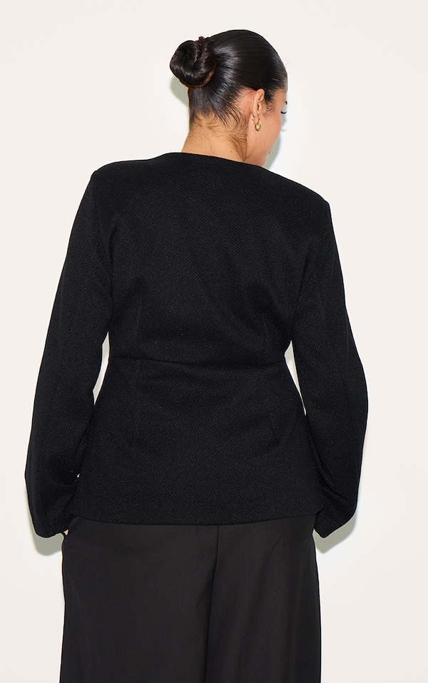 Plus Black Button Up Longline Collarless Blazer | Plus Size | PLT