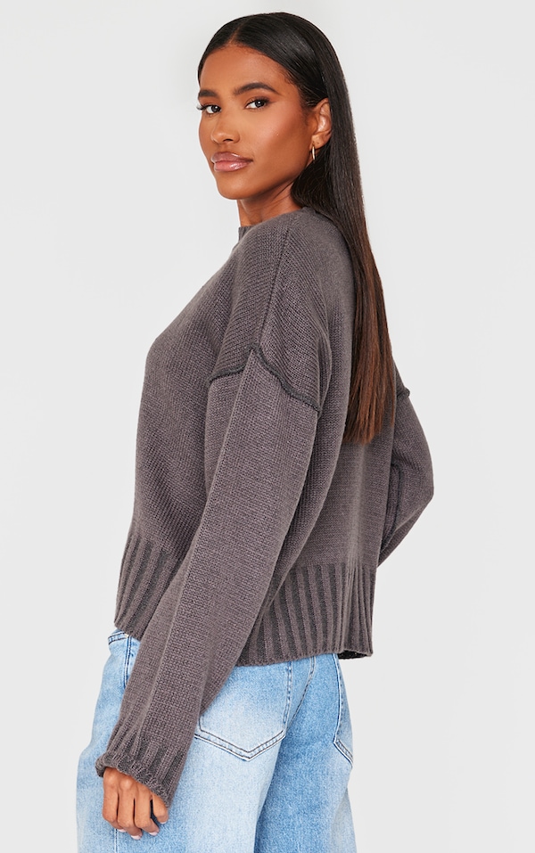 Charcoal Exposed Seam Chunky Knit Oversized Jumper | Knitwear | PLT CA