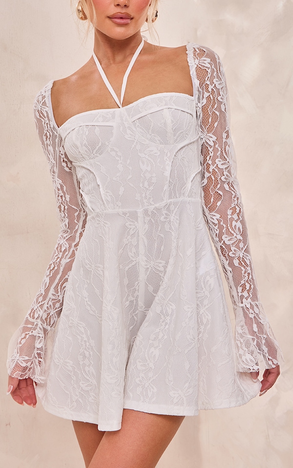 White Floral Mesh Long Sleeve Square Neck Romper | Jumpsuits & Rompers ...