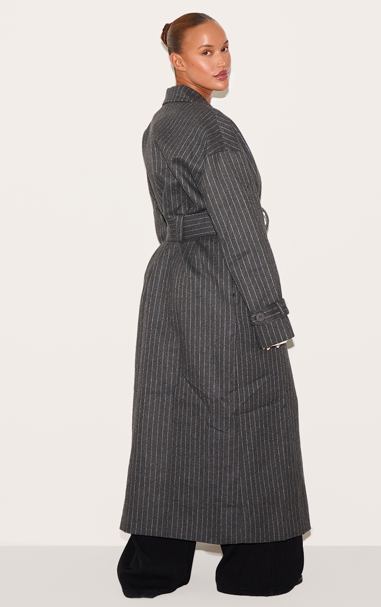 Plus Charcoal Pinstripe Wool Double Breasted Belted Coat | Plus Size | PLT