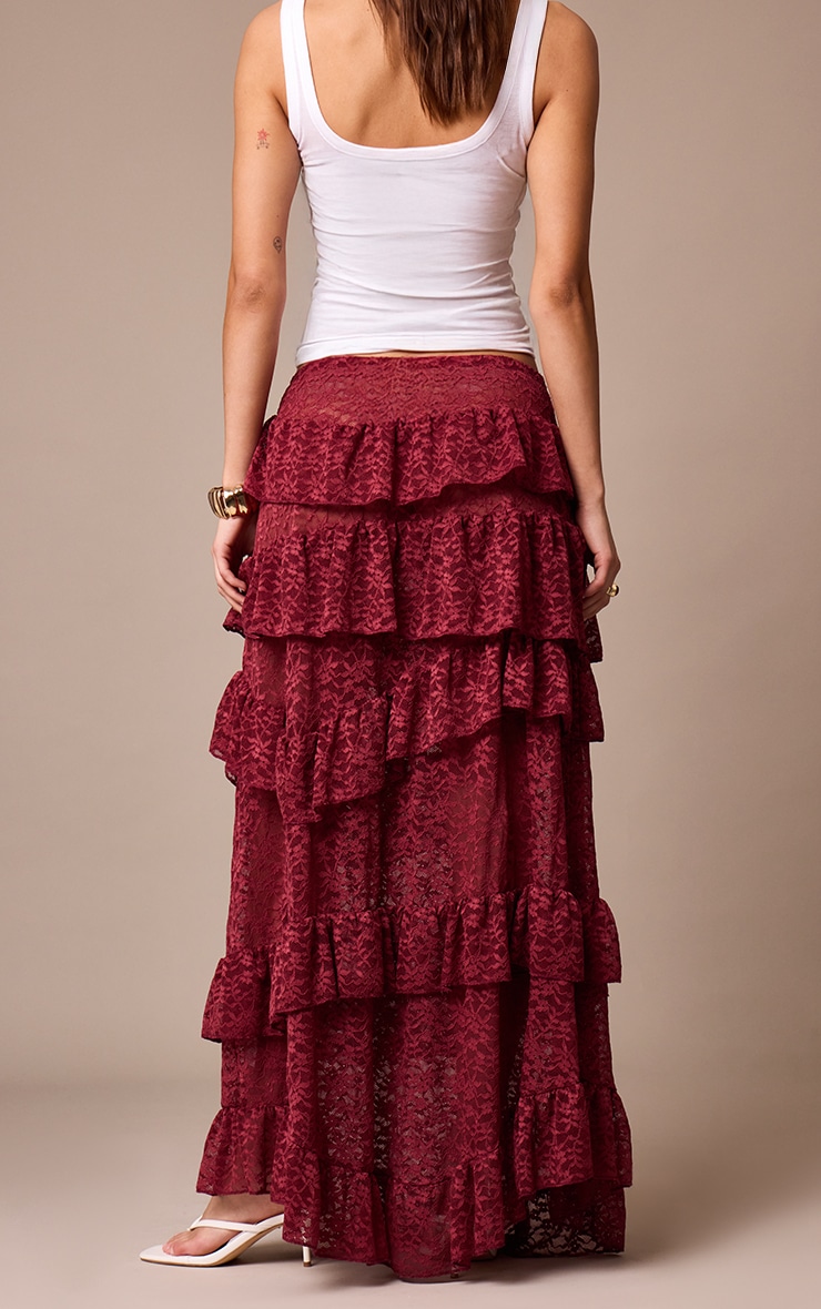 Dark Plum Lace Tiered Floaty Maxi Skirt | Bottoms | PLT